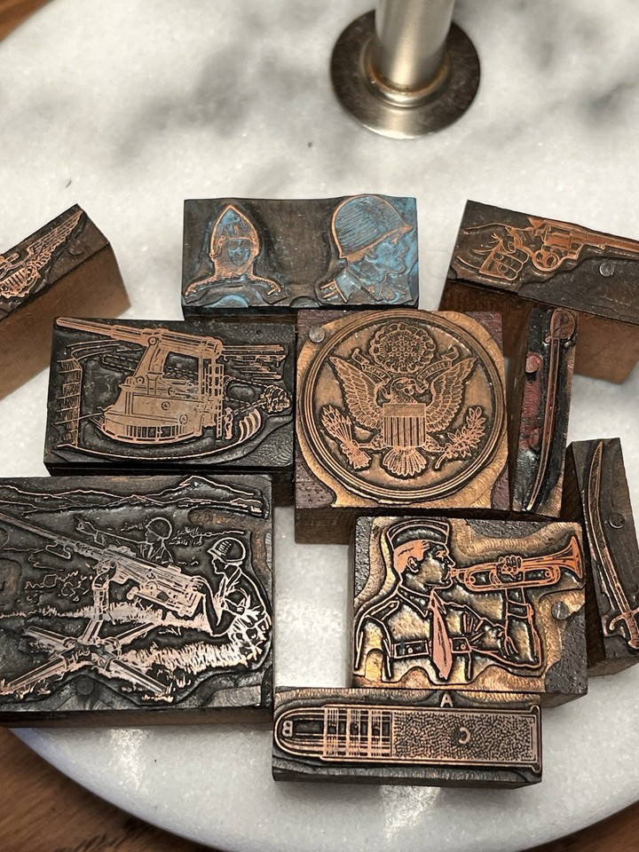 Lot 10 Vintage Metal Ink Stamps WW2 US Military Soldiers Weaponry Seals ...
