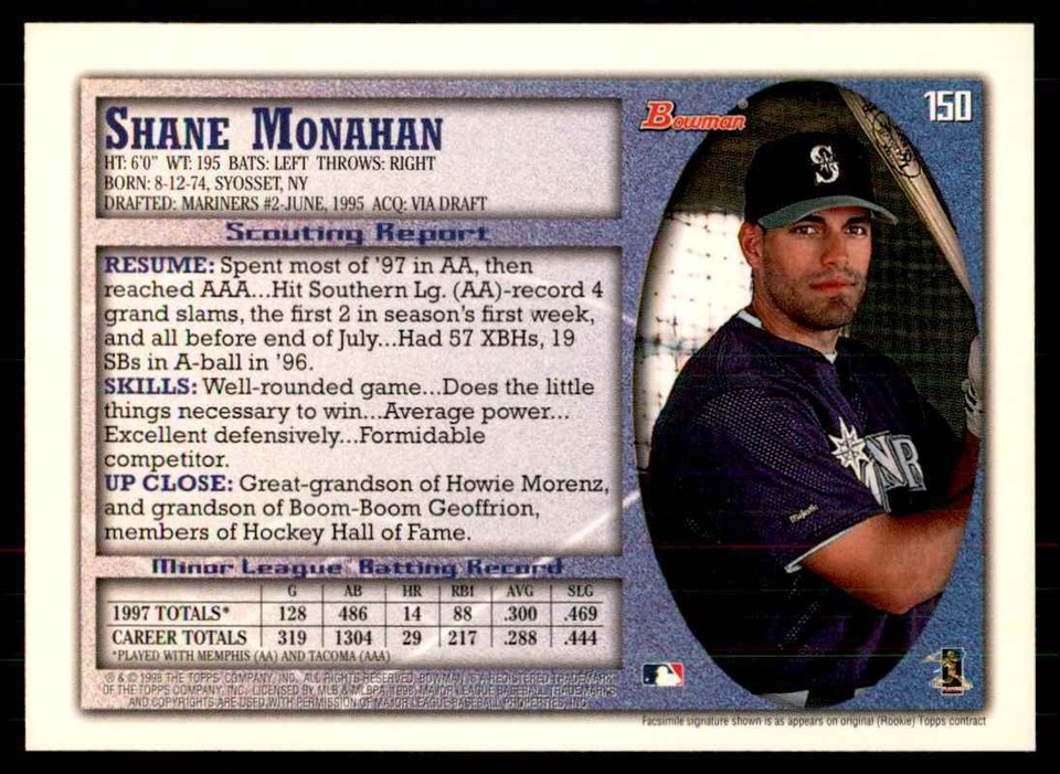 1998 BOWMAN SHANE MONAHAN SEATTLE MARINERS #150 | eBay
