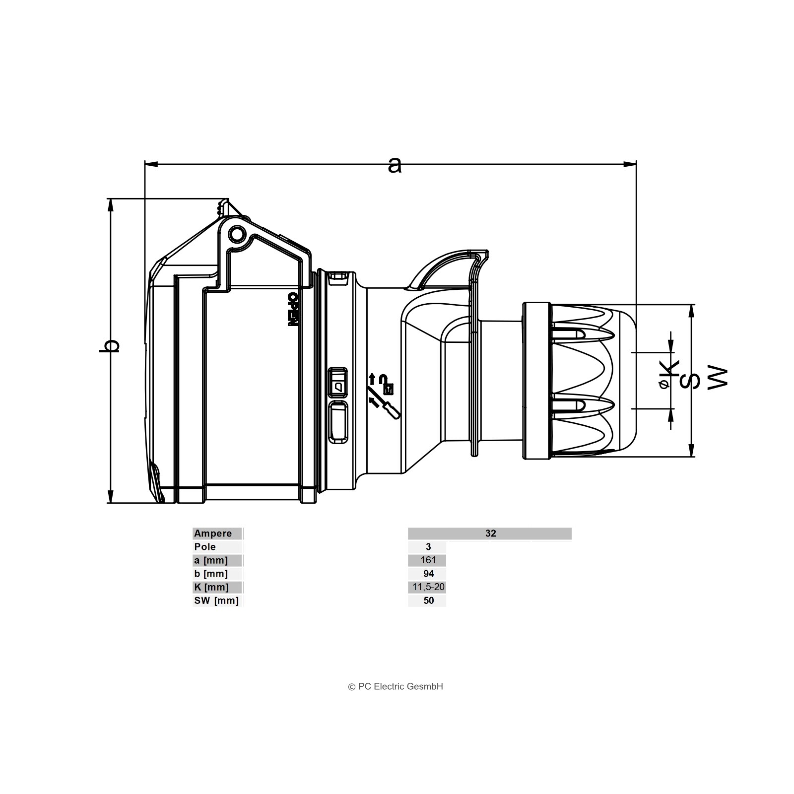 32Amp 3Pin Black Socket IP44 2P+E 230V PCE 223-6x | Splash-proof ...