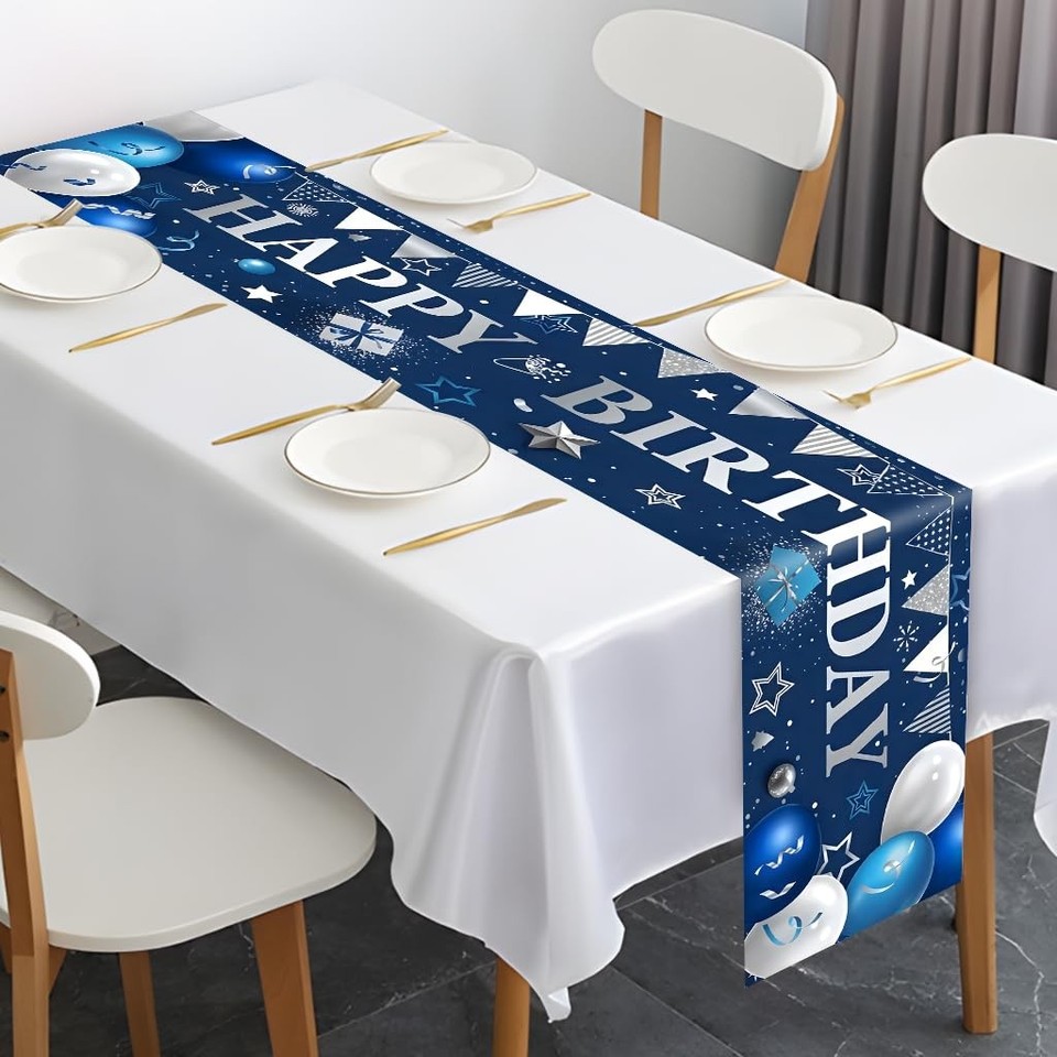 Happy Birthday Table Runner, Blue Silver Polyester, 70.86x13.78 Inches, Ameri... | eBay