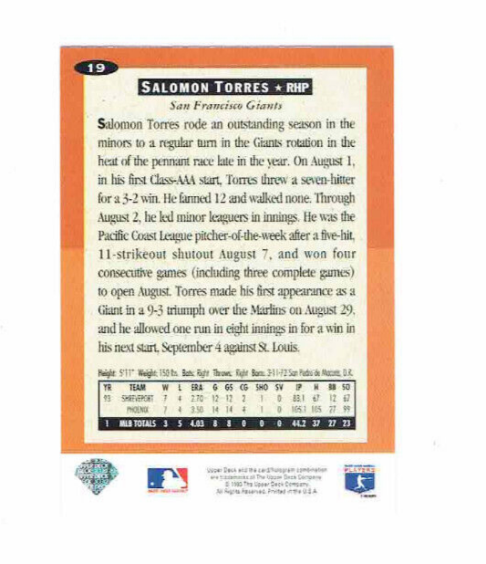Salomon Torres SF Giants RHP #19 Upper Deck 1993 Rookie Class Baseball ...