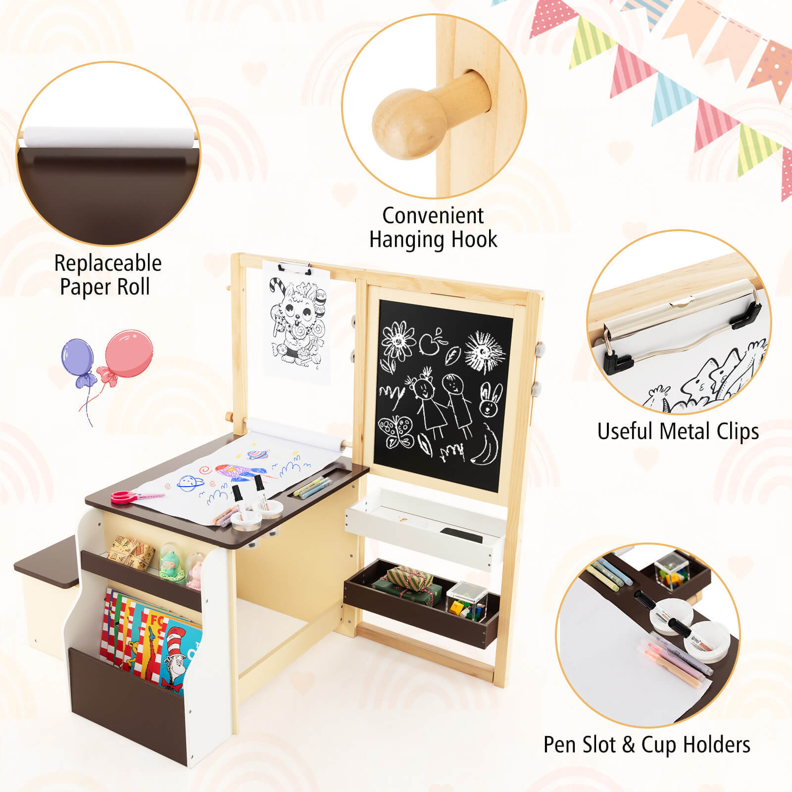 Kids Art Desk Easel & Bench Set w/ Storage Adjustable Double-Sided ...