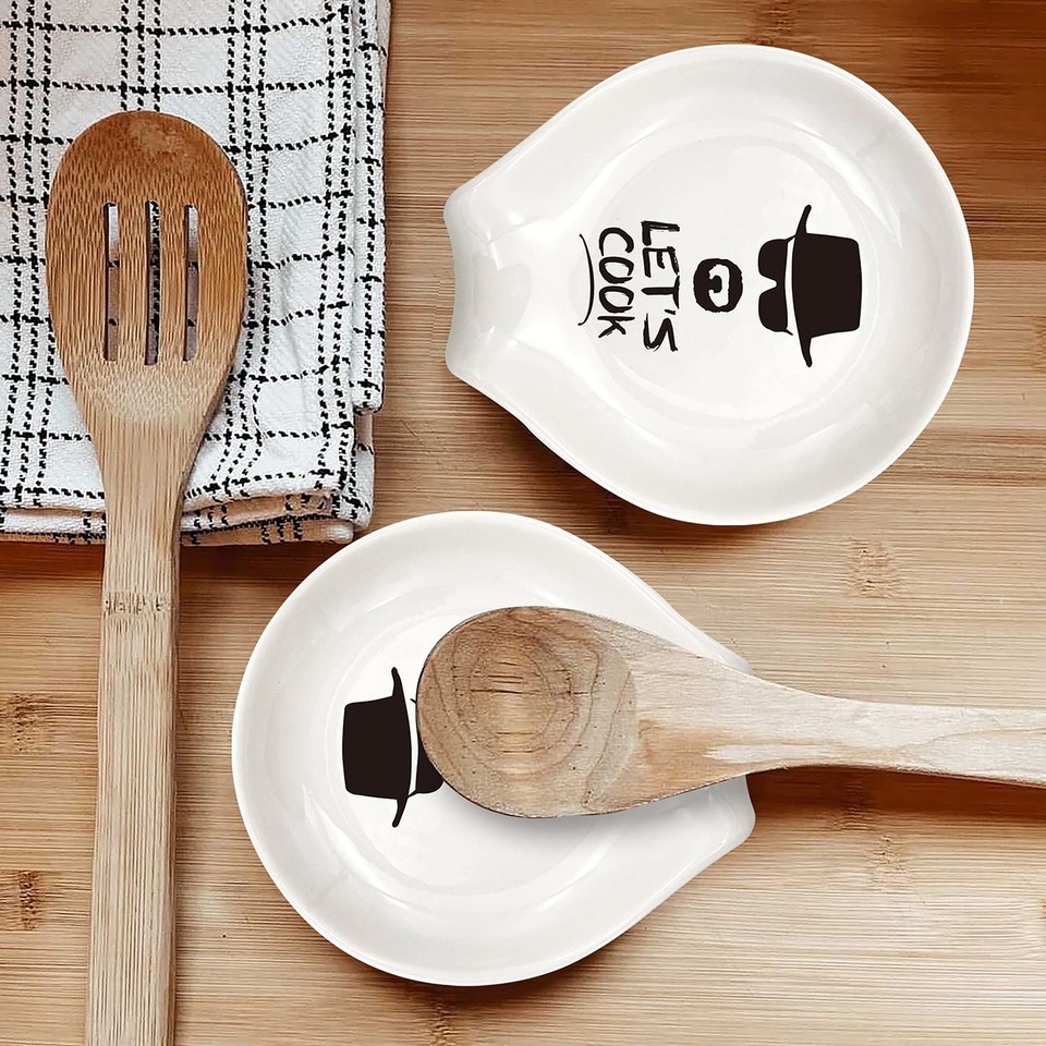 White Ceramic Spoon Rest "Let's Cook" Design Housewarming Kitchen Gift ...