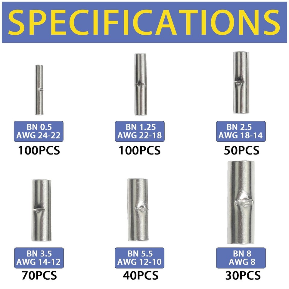 Non Insulated Butt Connectors Kit Wiring Pure Copper AWG24-8 Wire Crimp ...