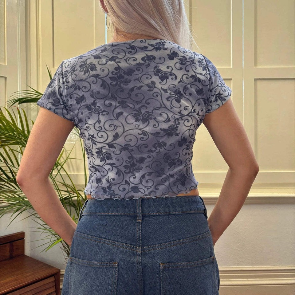 Unbranded Cropped Mesh Top - Medium Blue Polyester | eBay UK