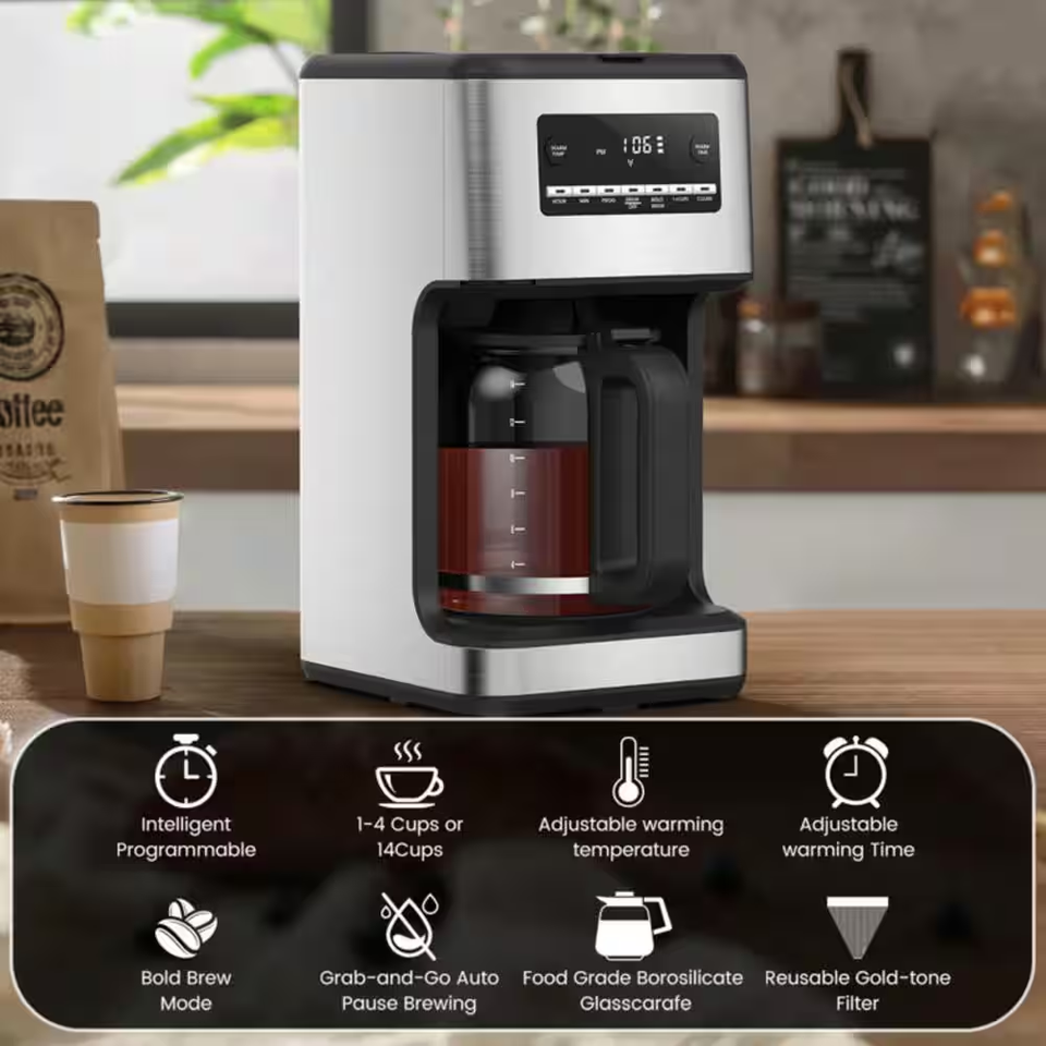 14-Cup Coffee Maker with Carafe Auto Brew Timer Stainless Silver | eBay