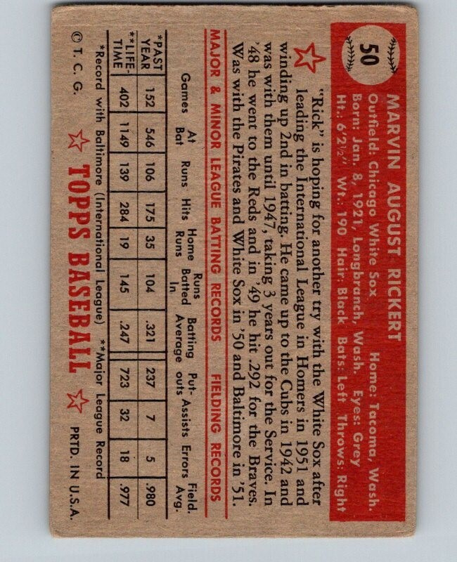 1952 TOPPS BASEBALL #50 MARV RICKERT VG/VGEX SET BREAK! | eBay