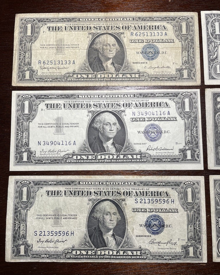 Lot Of 6 Old US Currency $1 Silver Certificates, $2 & 5 Red Seals Barr ...