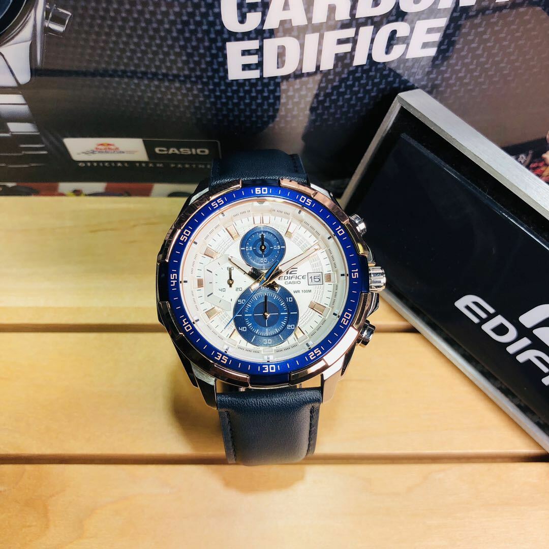 EFR-539L-7CV CASIO EDIFICE Chronograph Ion Plated Bezel Navy Leather ...