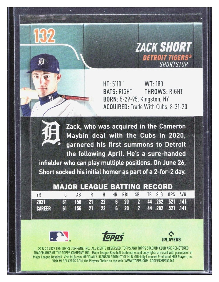 2022 Stadium Club ZACK SHORT #132 ROOKIE RC DETROIT TIGERS SHORT STOP ...
