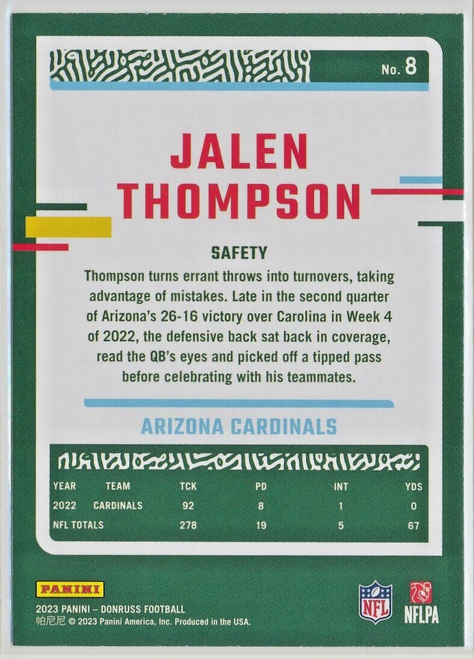 2023 Panini Donruss - Jalen Thompson - Arizona Cardinals - Base - #8 | eBay