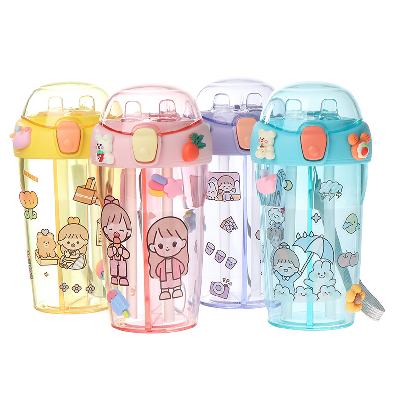 430ml Cute Children Double Drinking Water Bottle Straw Plastic Portable Bottle | eBay