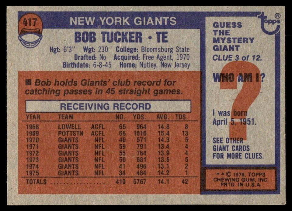 1976 Topps Football Card Bob Tucker New York Giants #417 EX-MT+ | eBay