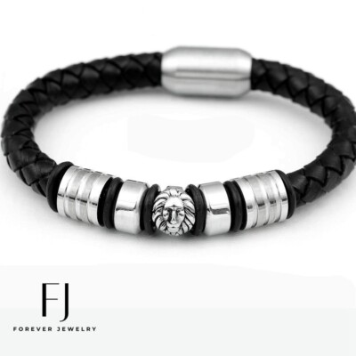 Men's,Stainless Steel 8"Black,lion head Braided.Leather,Magnetic ...