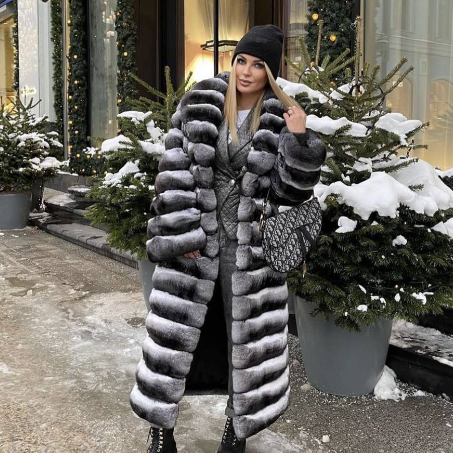 Real Rex Rabbit Fur Coat Women Long Chinchilla Print Coat Winter Spread ...