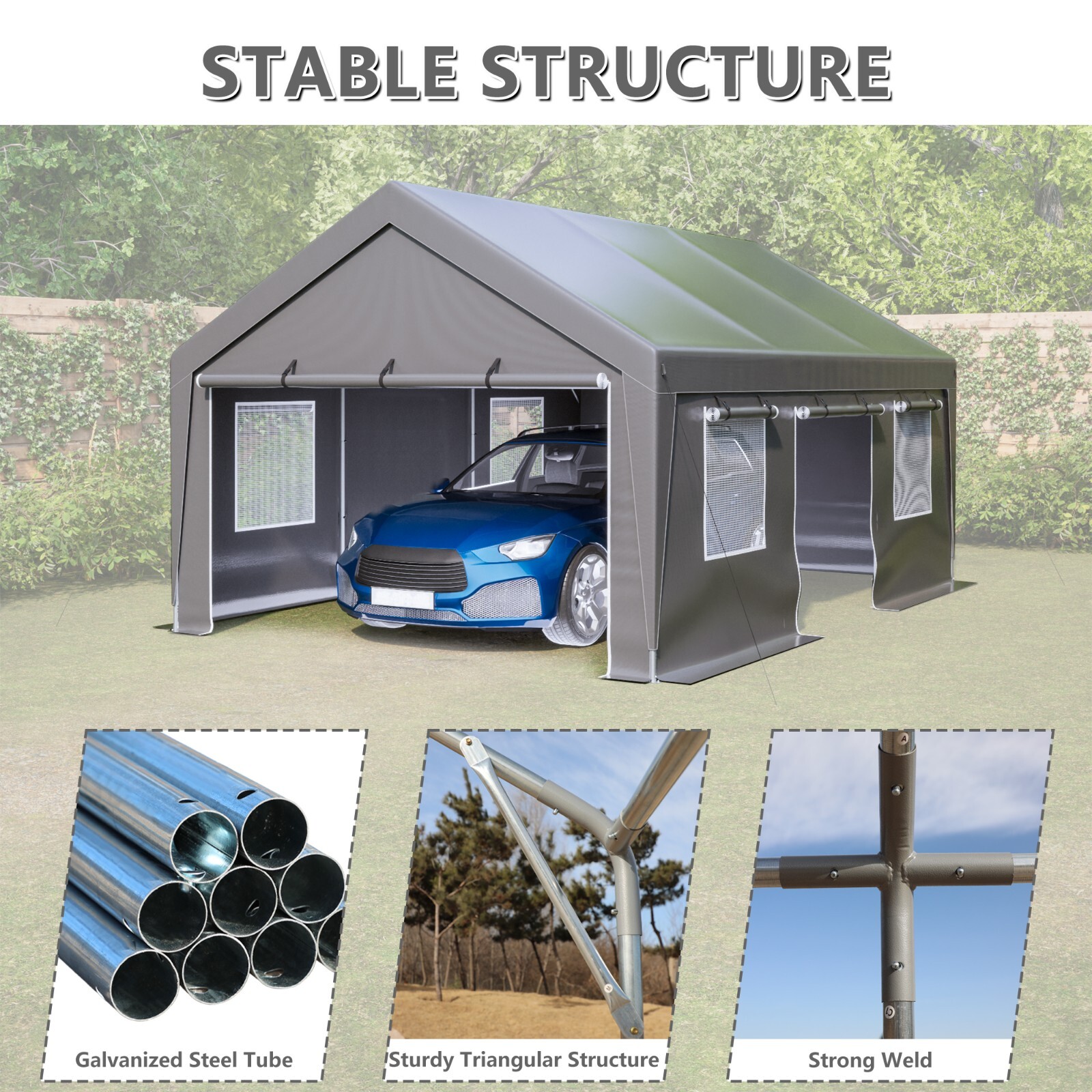 13x20 Heavy Duty Steel Carport Storage Canopy Garage Tent w/ Removable ...