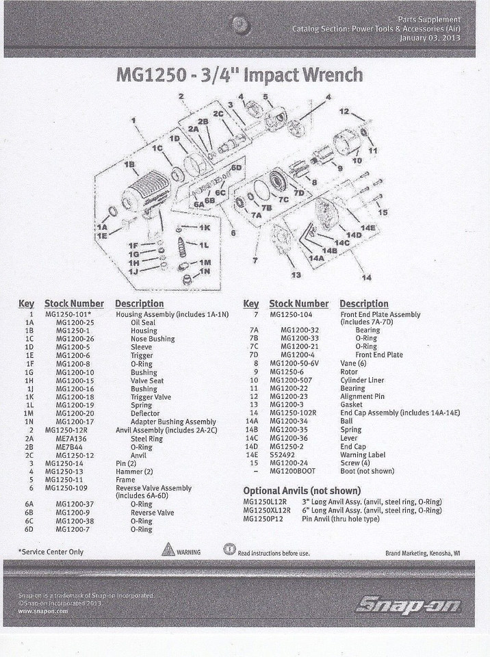 SNAP ON MG1200 OR MG1250 TUNE UP KIT WITH BEARINGS FOR 3/4" DRIVE ...