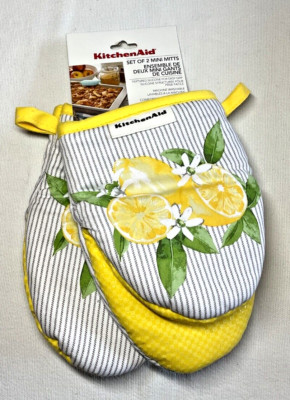 KITCHENAID MINI MITTS (2) LEMONS COTTON SILICONE WHITE YELLOW GREEN ...