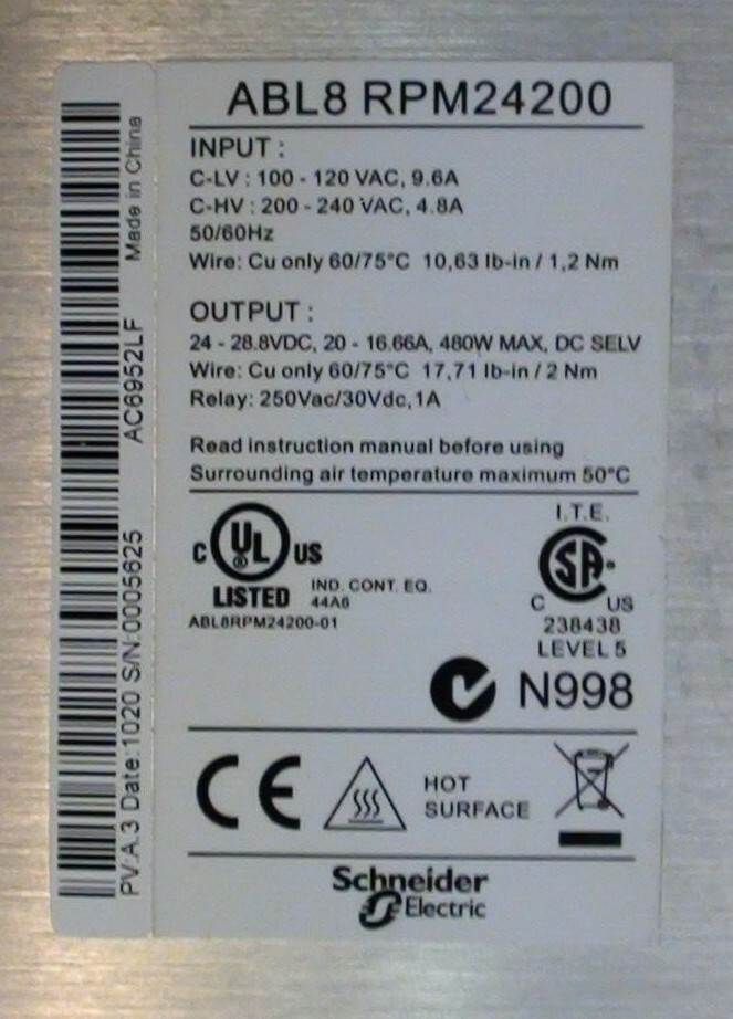 Telemecanique ABL8RPM24200 POWER SUPPLY 24VDC 20A | eBay
