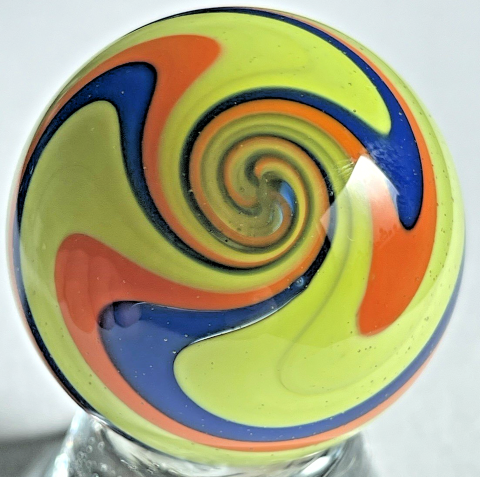 2015 RICK DAVIS MARBLE SIGNED HANDMADE GLASS ART 1.51" ORANGE BLUE ...