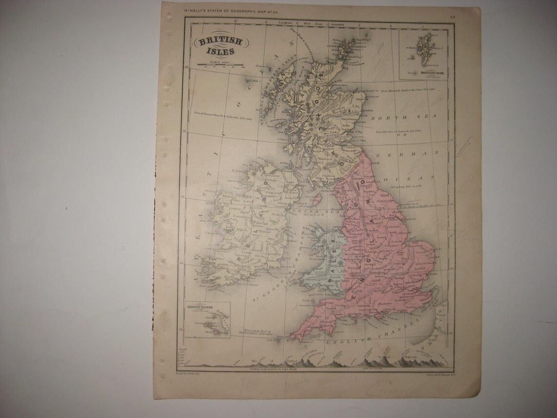 ANTIQUE 1866 ENGLAND IRELAND SCOTLAND WALES HANDCOLORED MAP MOUNTAIN ...