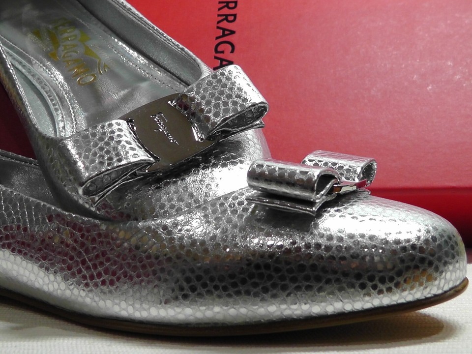 Salvatore Ferragamo ARGENTO Leather Varina Bow Lizard Embossed Flats ...