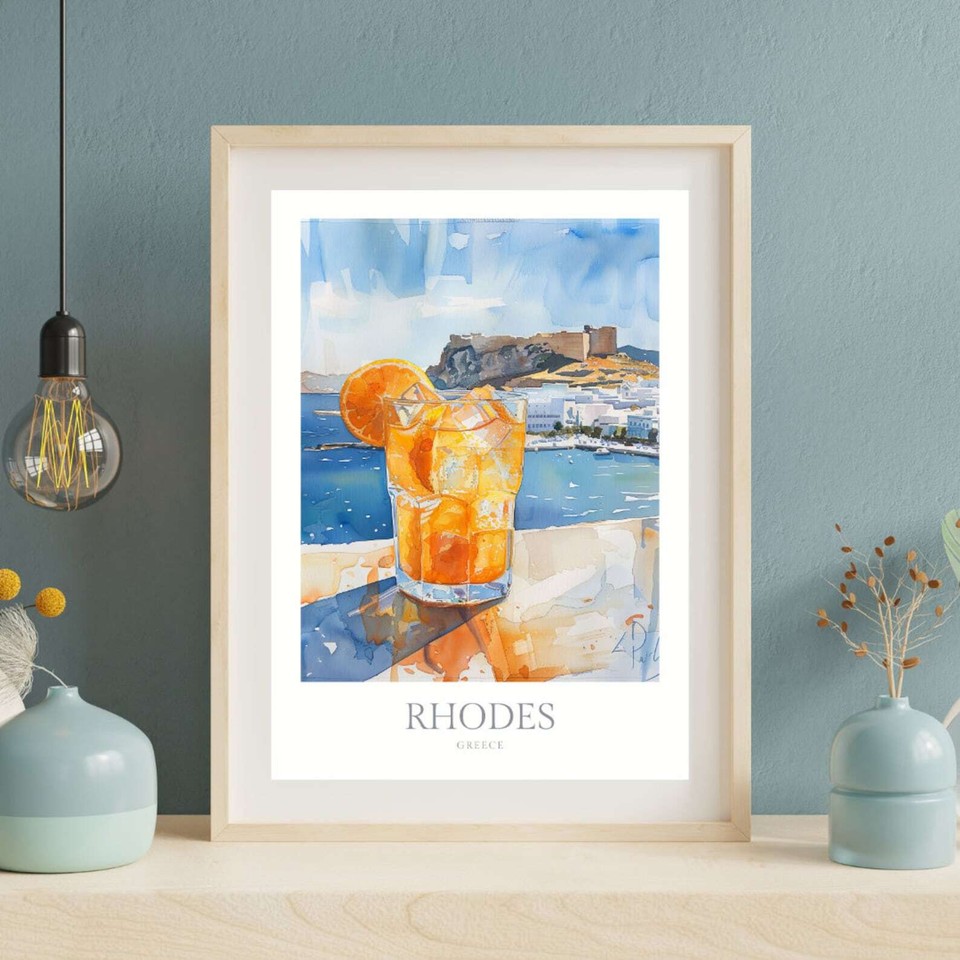Rhodes Greece Watercolor Poster Rhodes Wall Art Rhodes Home Decor ...