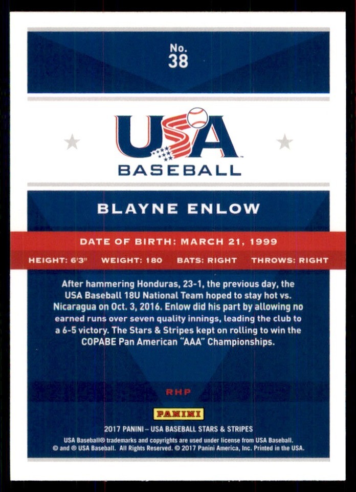 2017 Panini Stars and Stripes Blayne Enlow Rookie USA #38 Baseball ...