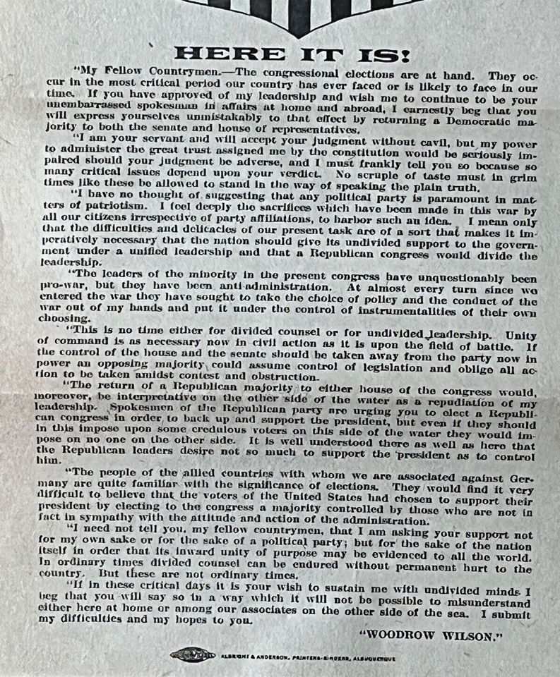 1918 PRESIDENT WOODROW WILSON POLITICAL CAMPAIGN BROADSIDE FLYER POSTER ...