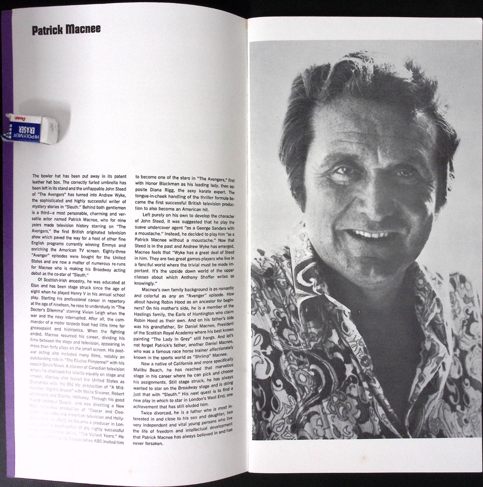 SLEUTH Souvenir Program PATRICK MACNEE / BRIAN MURRAY / ANTHONY SHAFFER ...
