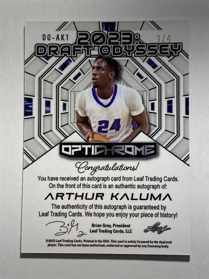 ARTHUR KALUMA 2022-23 Leaf Optichrome Draft Odyssey PINK Crystal AUTO 1 ...