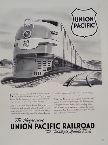1942 Union Pacific Railroad Fortune WW2 Print Ad Q1 Train Middle Route ...