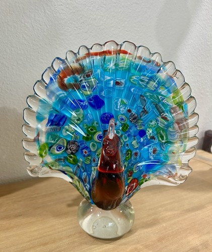 MINCHELLA ART GLASS COLORFUL PEACOCK. MURANO ITALY EXCELLENT 9”x8”x4.5 ...