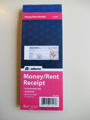 ADAMS MONEY/RENT RECEIPT BOOK 2 3/4" X 7 3/16" 3 PART 50 CARBONLESS ...