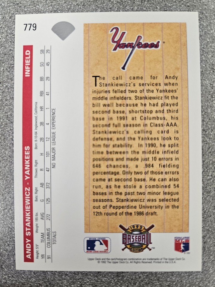 1992 Upper Deck Andy Stankiewicz #779 New York Yankees | eBay