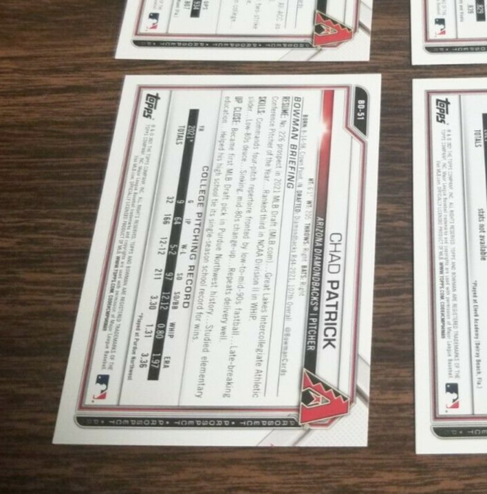 CHAD PATRICK 2021 BOWMAN DRAFT CARD BD-51 DIAMOMDBACKS (FIRST ROOKIE ...