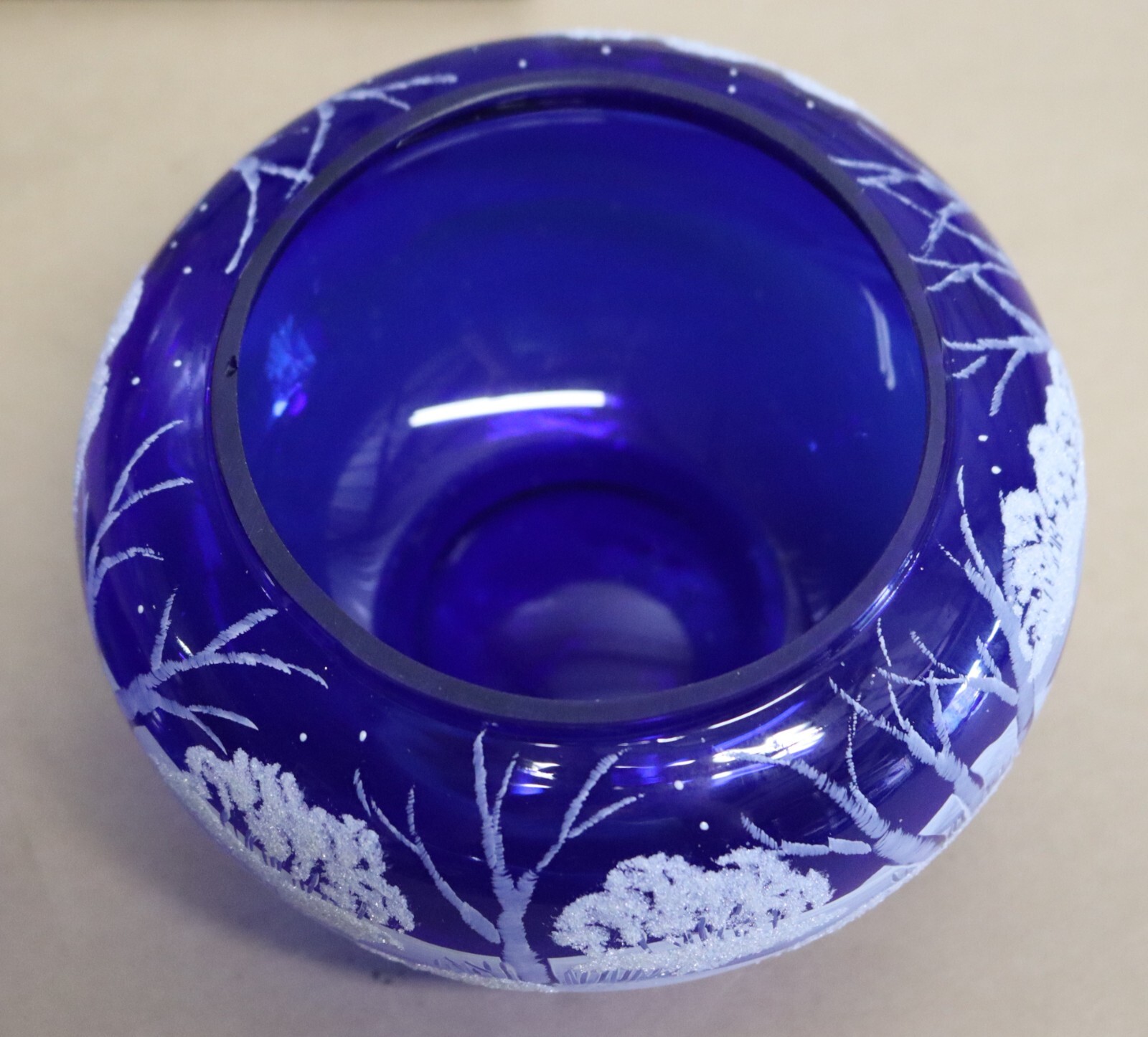 FENTON ART GLASS COBALT BLUE HAND PAINTED WINTER SCENE CANDY BOWL DISH ...