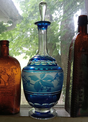 ANTIQUE BLUE CUT TO CLEAR HAND BLOWN GLASS DECANTER WITH STOPPER BERRY ...