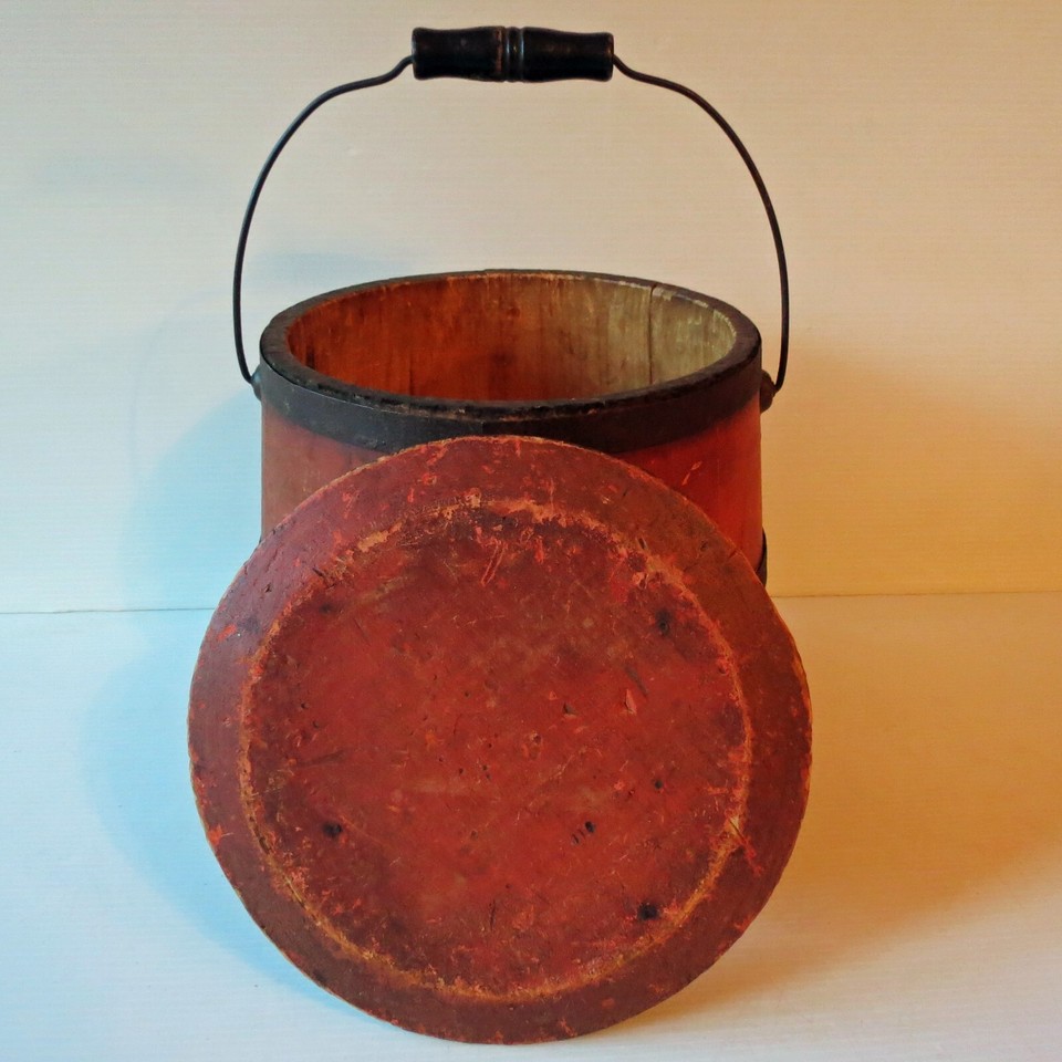 Antique Red Painted Wood Firkin with Iron Straps, Cover & Bail Handle 9 ...
