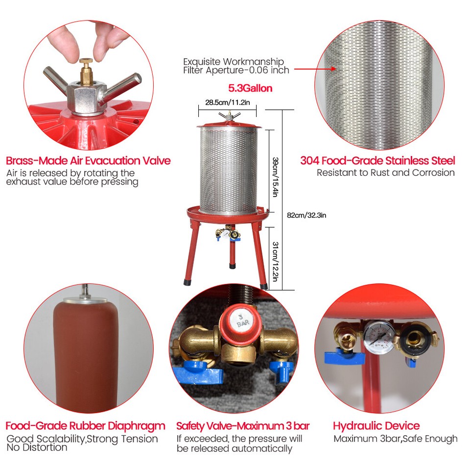 5.3 Gallon Hydropress Cider Wine Fruit Press with Filter Bag/Splash ...