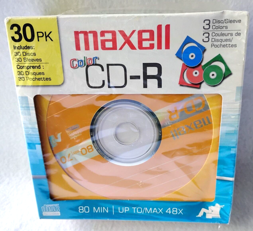 30 Pack Maxell Color CD-R With Sleeves Up To 48x Max 700MB 80 Min NEW ...