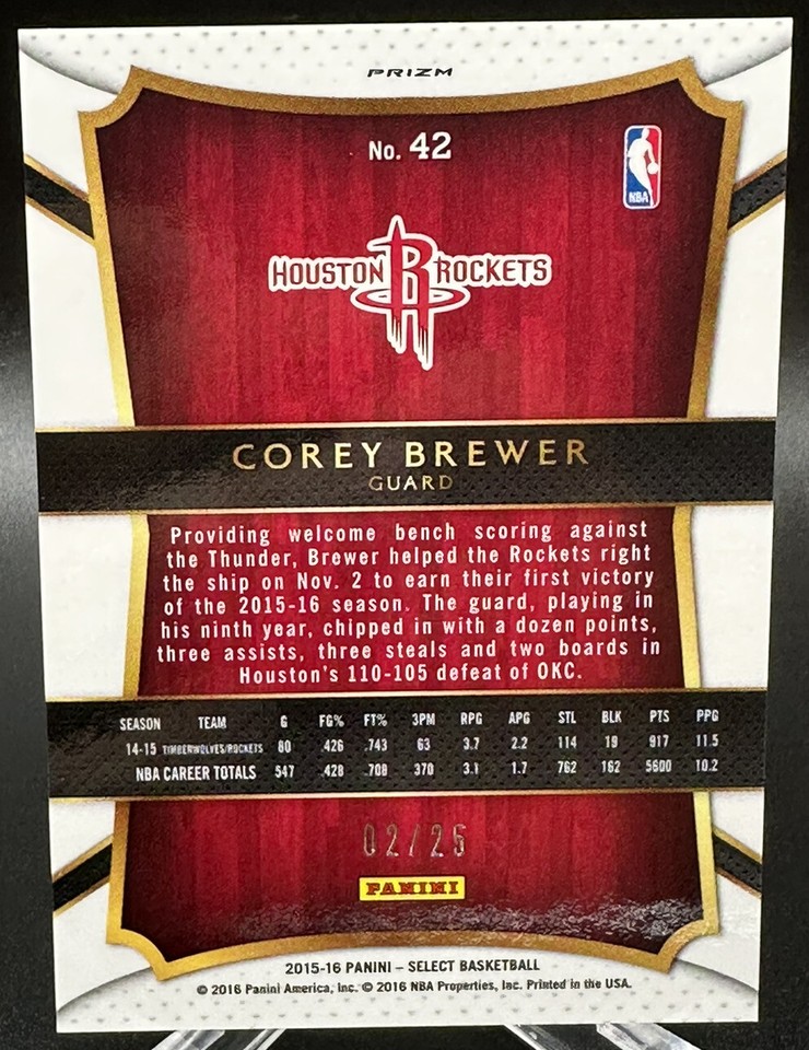 COREY BREWER HOUSTON ROCKETS 2015-16 PANINI SELECT TIE DYE PRIZM /25 ...