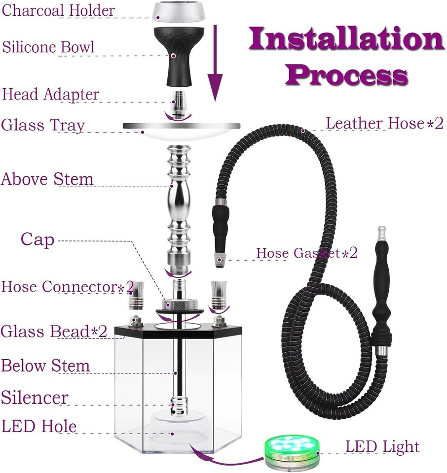 Hookah 2 Hose Hookah Set with Everything Modern Hexagon Acrylic Red ...
