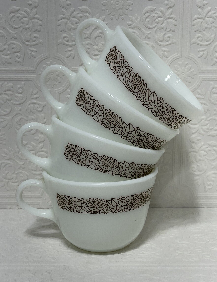 Pyrex Woodland Flowers Coffee Tea Cup Set of 4 White Milk Glass Brown ...