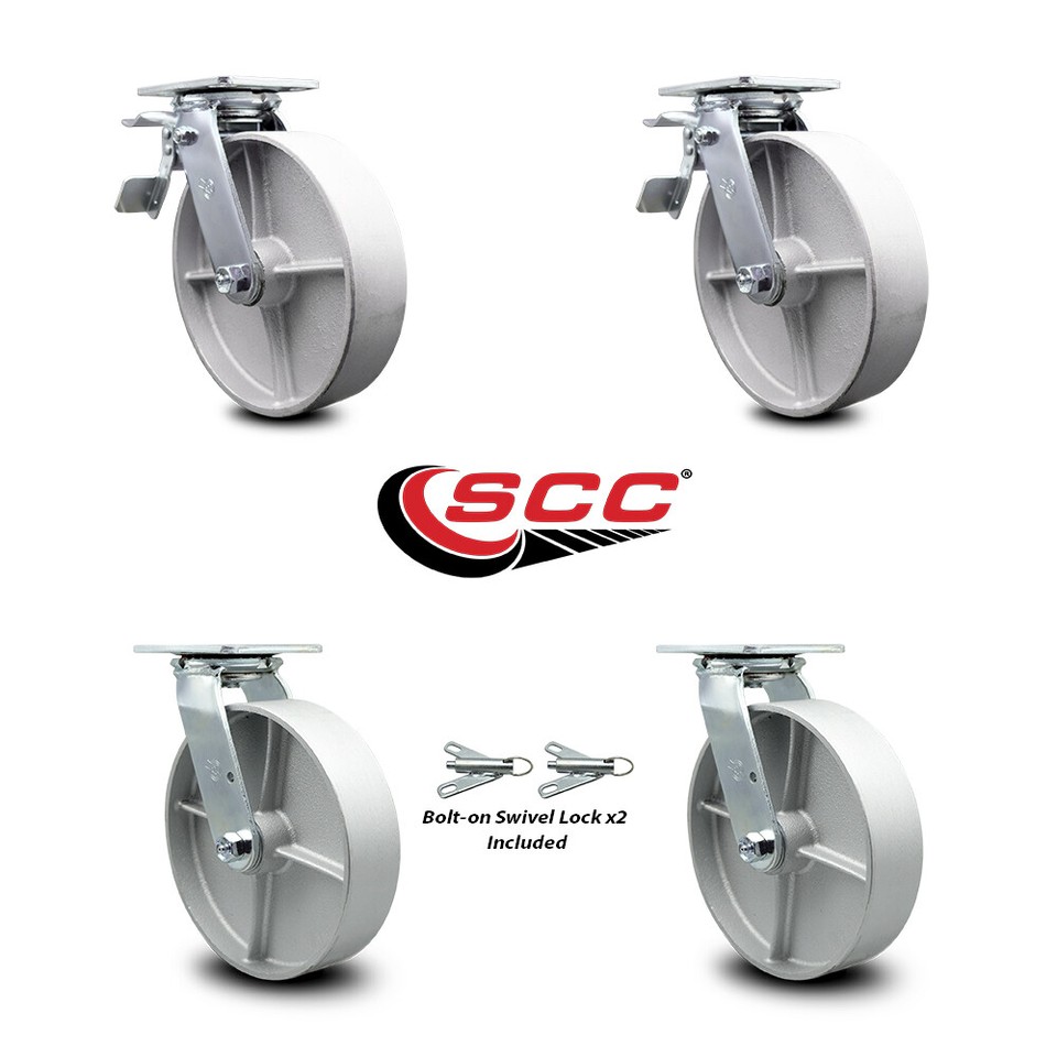 8 Inch Semi Steel Caster Set with Roller Bearings 2 Brakes 2 Swivel ...