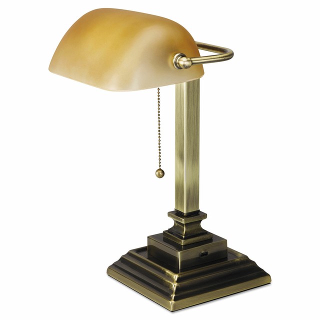 Alera LMP517AB Traditional Banker's Lamp W/usb 16high Amber Glass Shade ...