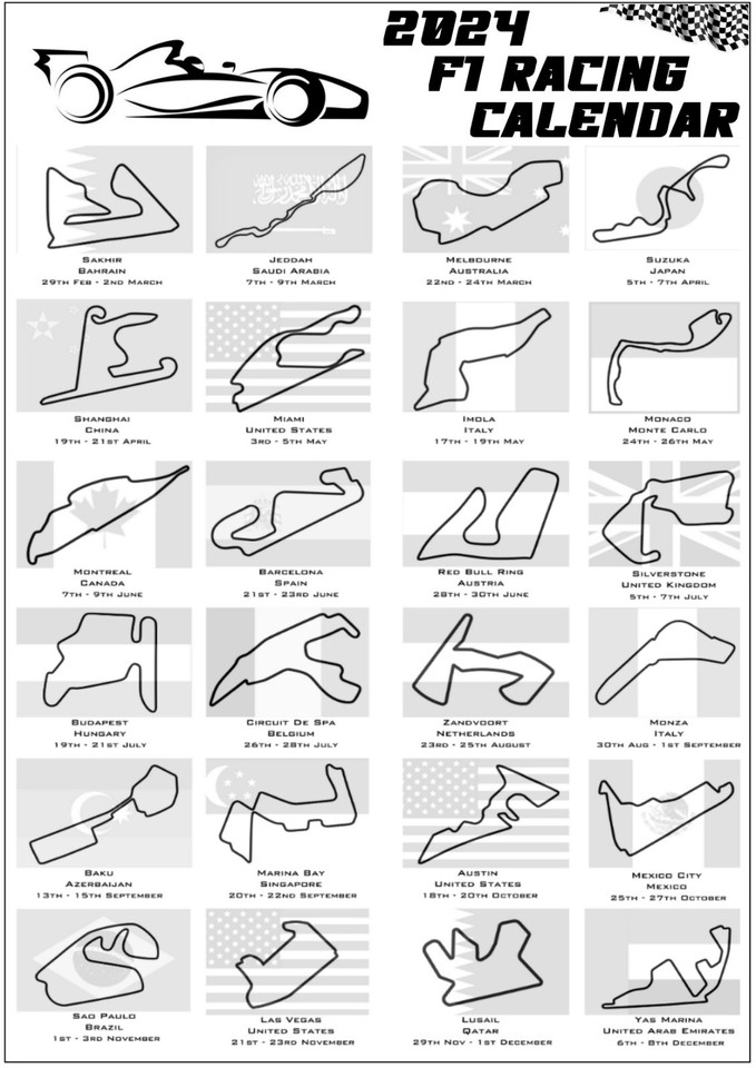 F1 Formula 1 One 2024 Racing Schedule Calendar Circuits Dates Print A4 ...