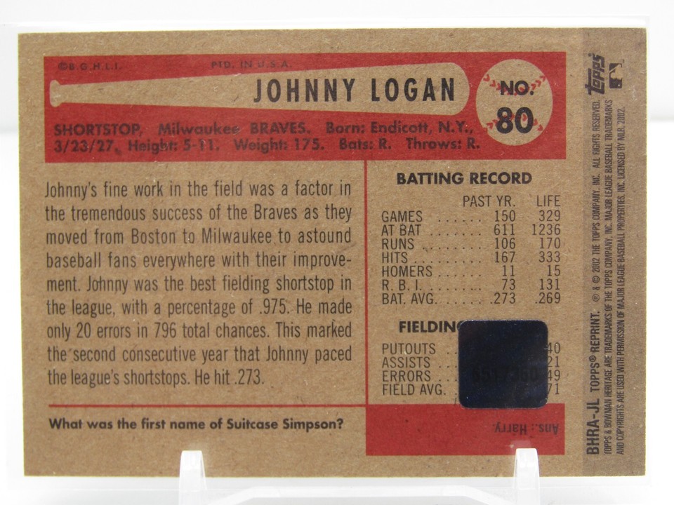 JOHNNY LOGAN 2002 BOWMAN HERITAGE REAL ONE AUTOGRAPH AUTO! MILWAUKEE ...