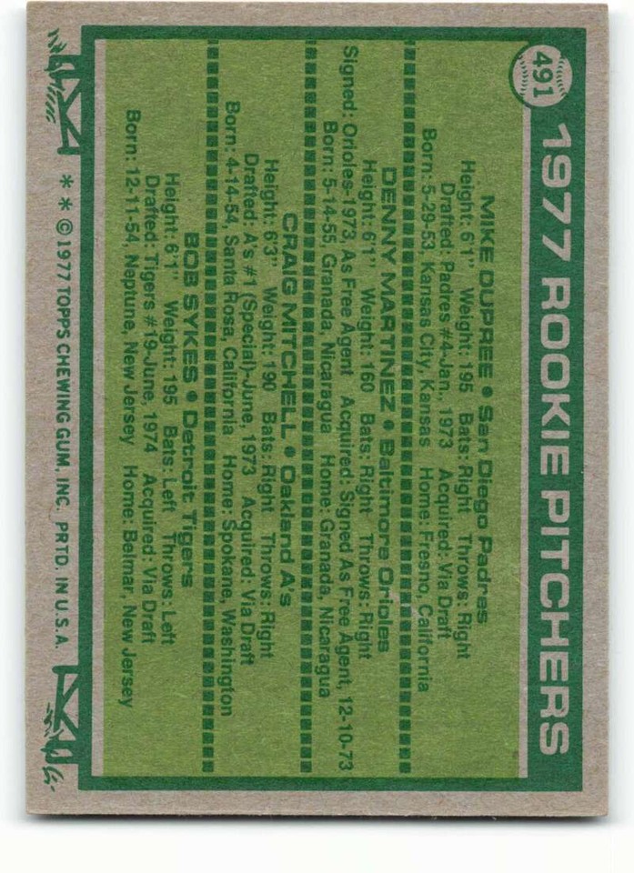 1977 Topps #491 Mike Dupree/Dennis Martinez/Craig Mitchell/Bob Sykes N ...