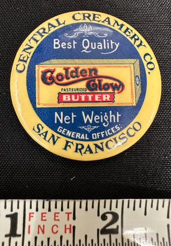 PINBACK BUTTON VINTAGE CELLULOID ADVERTISING GOLODEN GLOW BUTTER SAN ...